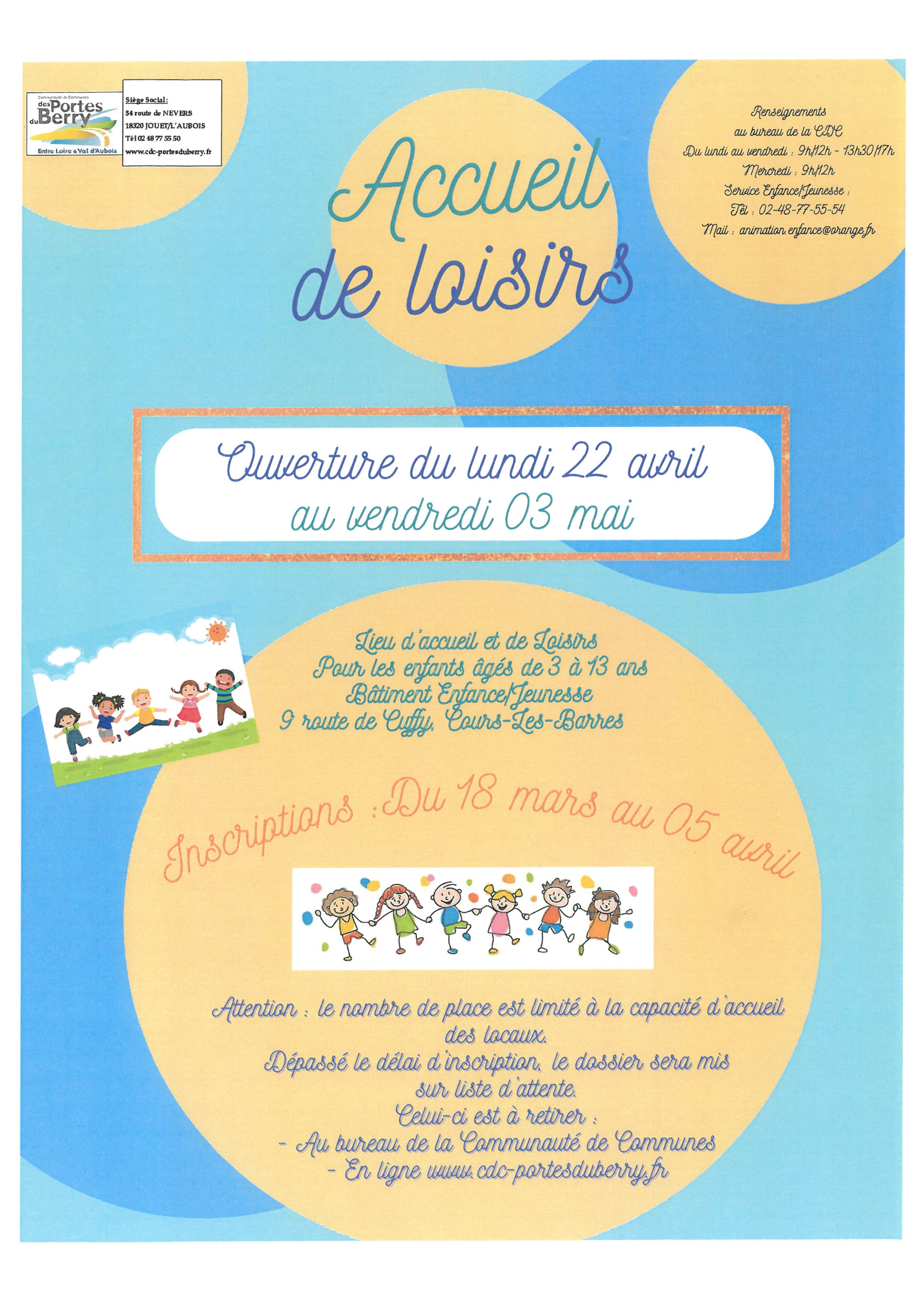 INSCRIPTIONS ACCUEIL DE LOISIRS VACANCES D'AVRIL 2024